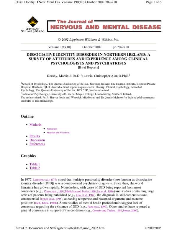 (PDF) Dissociative Identity Disorder in Northern Ireland: A Survey of ...