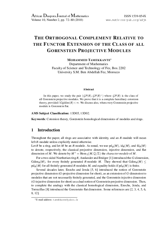 (PDF) The orthogonal complement relative to the functor extension of the class of all Gorenstein ...