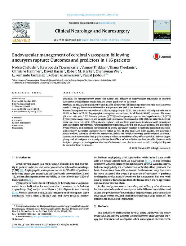 (PDF) Endovascular management of cerebral vasospasm following aneurysm ...