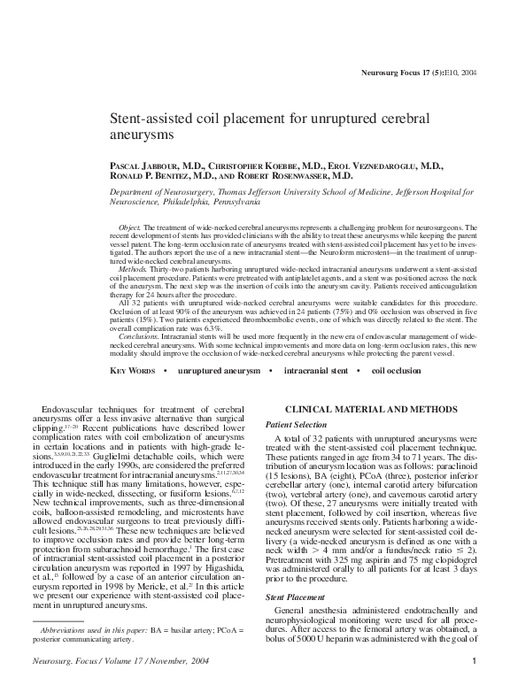 (PDF) Stent-assisted coil placement for unruptured cerebral aneurysms