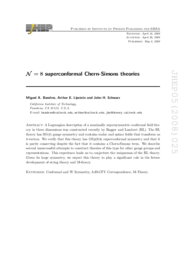 (PDF) 𝒩 = 8 superconformal Chern-Simons theories