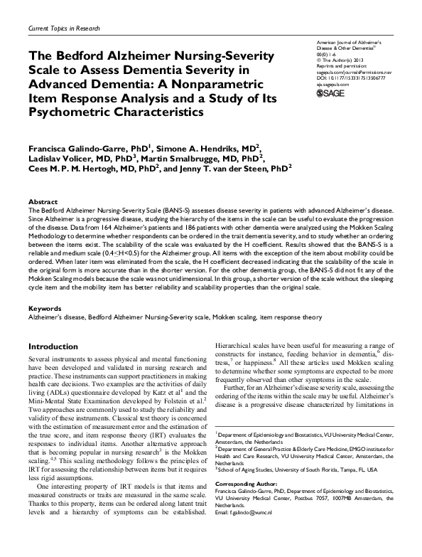 (PDF) The Bedford Alzheimer Nursing-Severity Scale to Assess Dementia ...