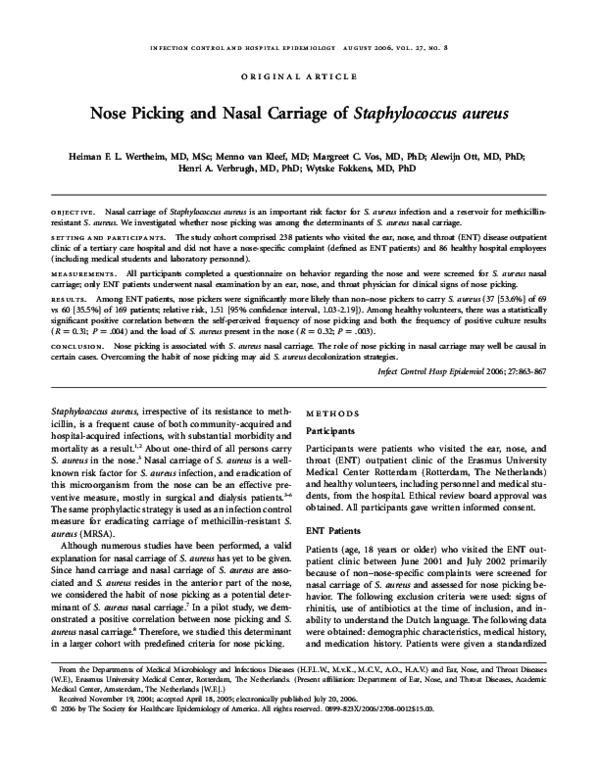(PDF) Nose Picking and Nasal Carriage of Staphylococcus aureus