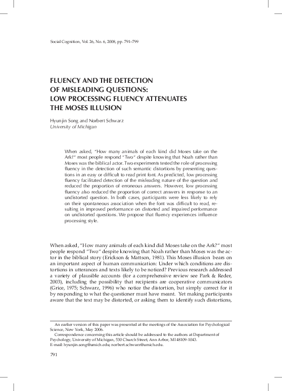 (PDF) Fluency and the Detection of Misleading Questions: Low Processing ...