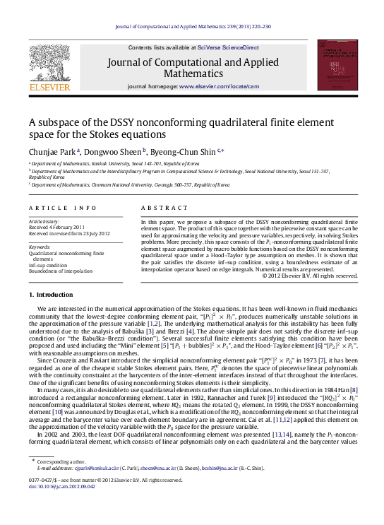 A Subspace Of The Dssy Nonconforming Quadrilateral Finite Element Space For The Stokes Equations