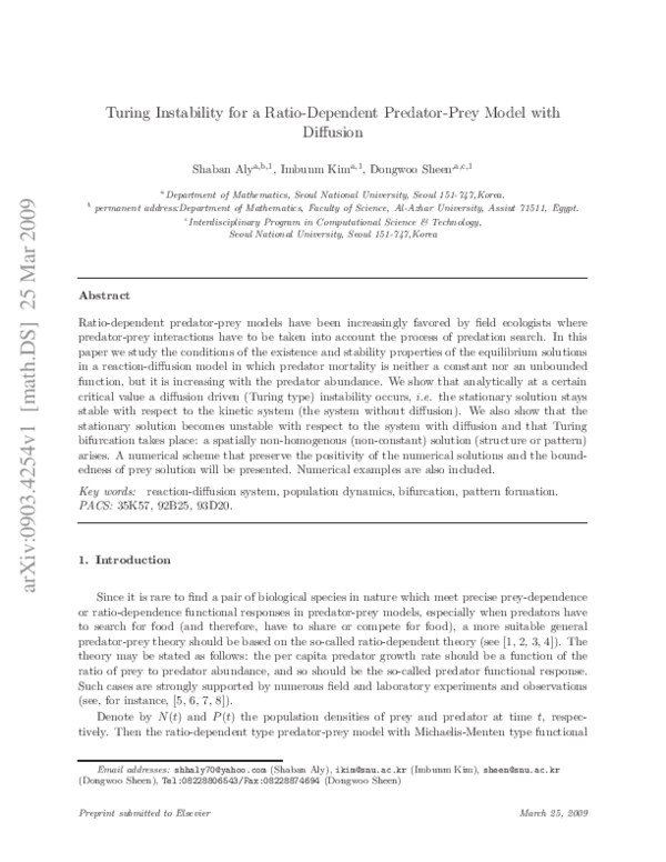 (PDF) Turing instability for a ratio-dependent predator–prey model with diffusion