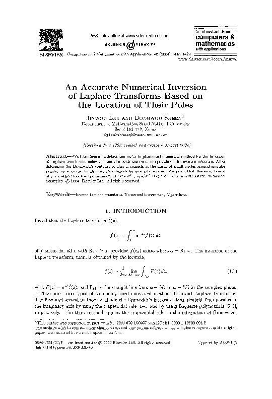Pdf An Accurate Numerical Inversionof Laplace Transforms Based On The