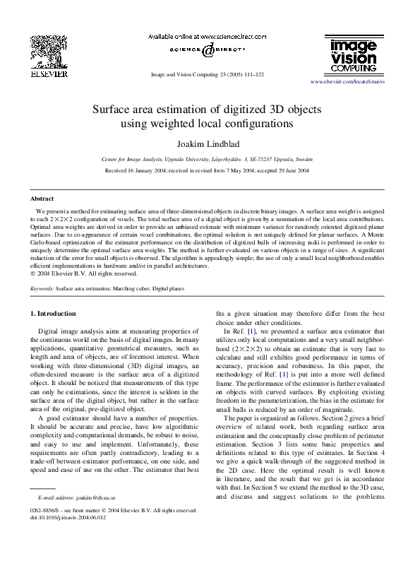 (PDF) Surface area estimation of digitized 3D objects using weighted local configurations