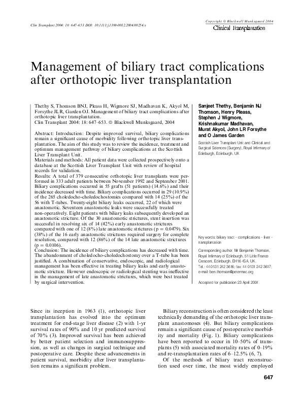 (PDF) Management of biliary tract complications after orthotopic liver ...