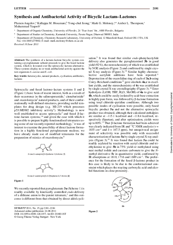 (PDF) Synthesis and Antibacterial Activity of Bicyclic Lactam-Lactones