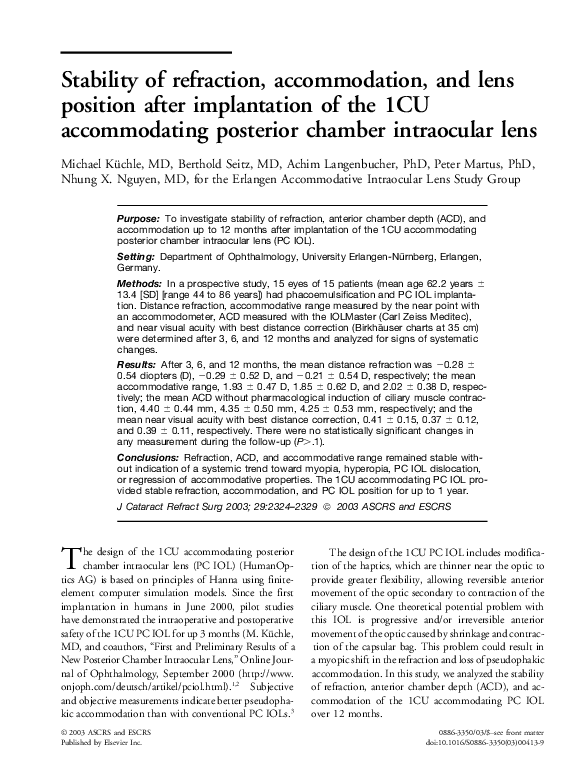 (PDF) Stability of refraction, accommodation, and lens position after ...