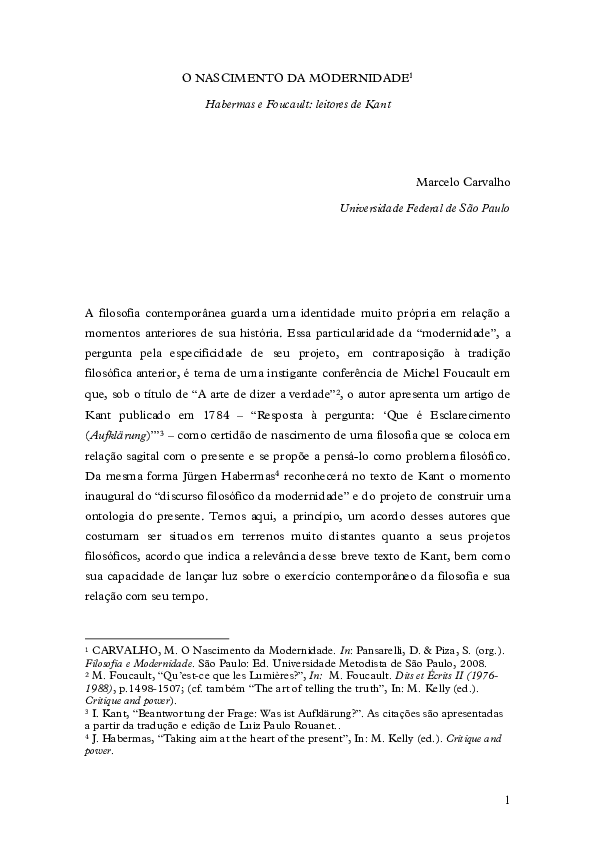 (PDF) O nascimento da modernidade (Habermas e Foucault: leitores de Kant)