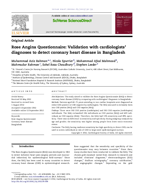 (PDF) Rose Angina Questionnaire: validation with cardiologists ...