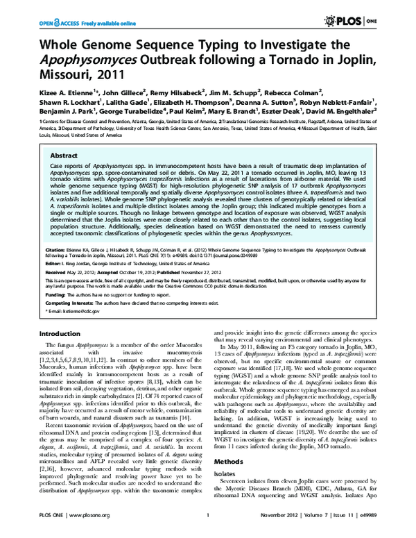(PDF) Whole Genome Sequence Typing to Investigate the Apophysomyces ...