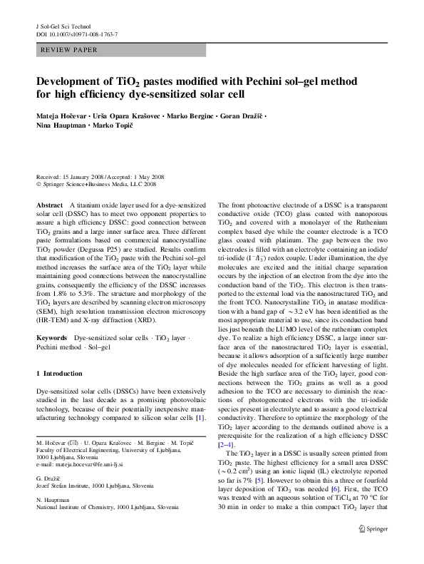 (PDF) Development of TiO2 pastes modified with Pechini sol–gel method ...