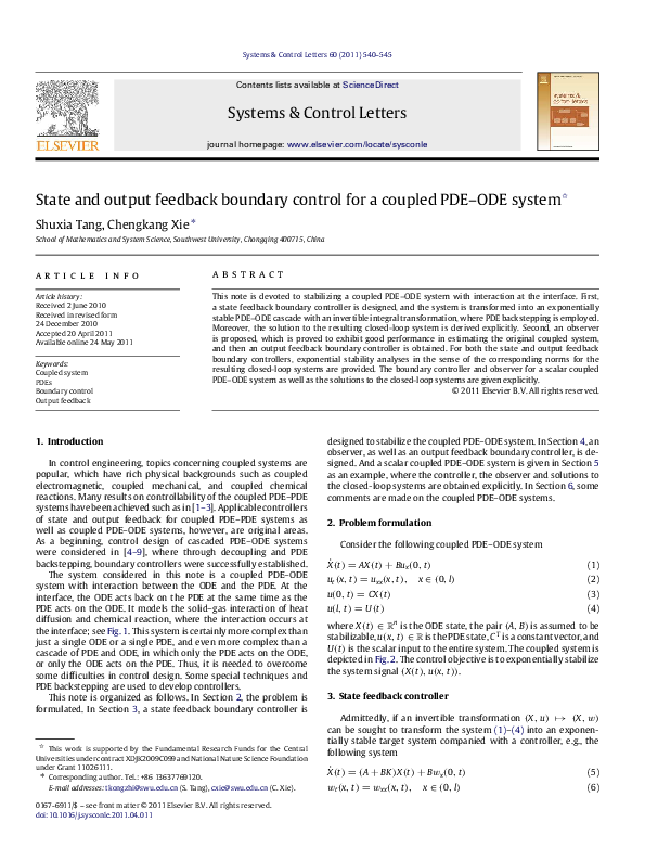 Pdf State And Output Feedback Boundary Control For A Coupled Pde Ode System