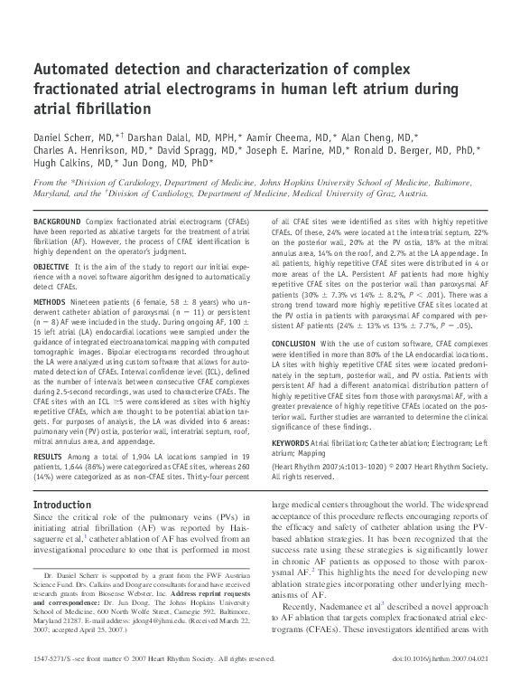 Pdf Automated Detection And Characterization Of Complex Fractionated Atrial Electrograms In