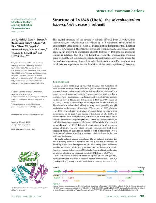 (PDF) Structure of Rv1848 (UreA), the Mycobacterium tuberculosis urease ...