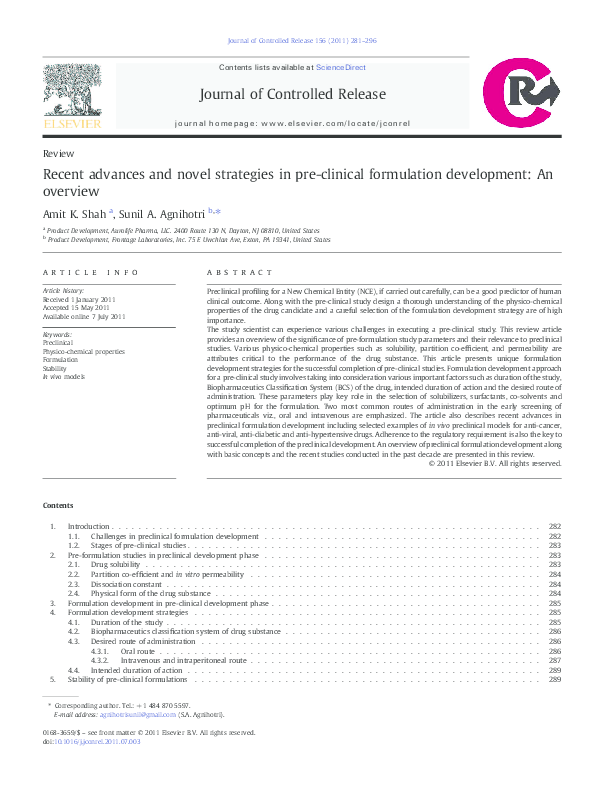 (PDF) Recent advances and novel strategies in pre-clinical formulation ...