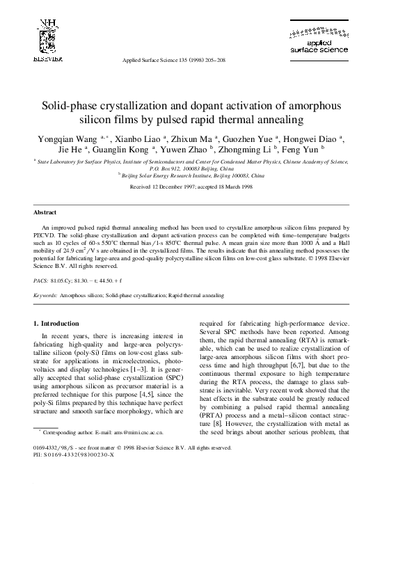 (PDF) Solid-phase crystallization and dopant activation of amorphous ...