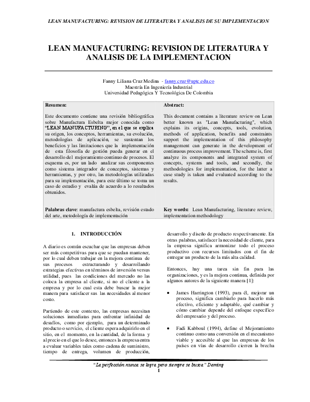 (PDF) LEAN MANUFACTURING: REVISION DE LITERATURA Y ANALISIS DE LA IMPLEMENTACION