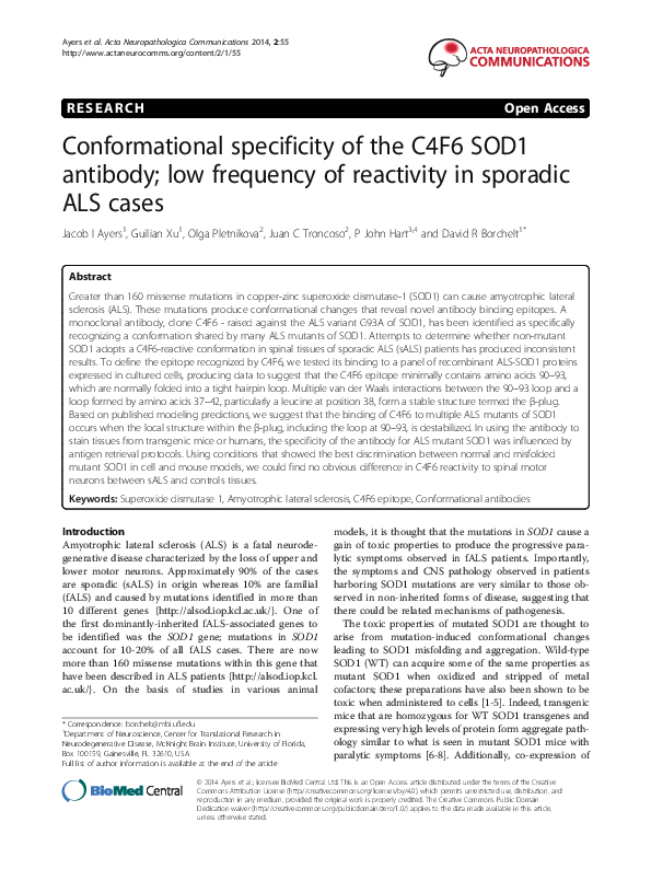 (PDF) Conformational specificity of the C4F6 SOD1 antibody; low ...