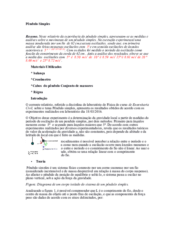 (DOC) Pêndulo Simples