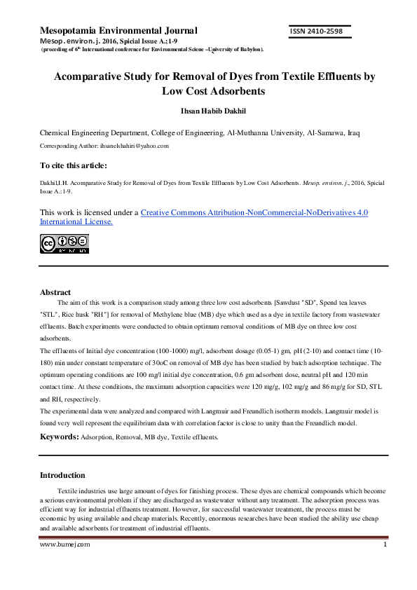 (PDF) A comparative Study for Removal of Dyes from Textile Effluents by Low Cost Adsorbents