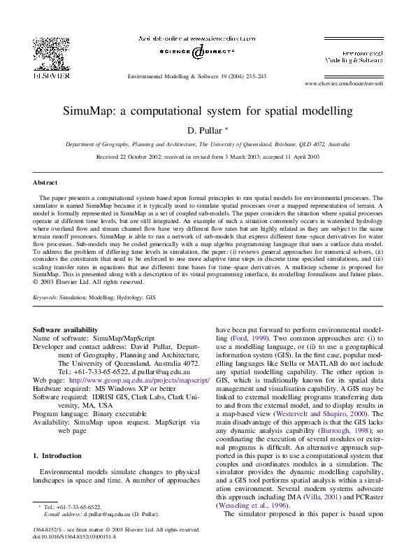 Pdf Simumap A Computational System For Spatial Modelling