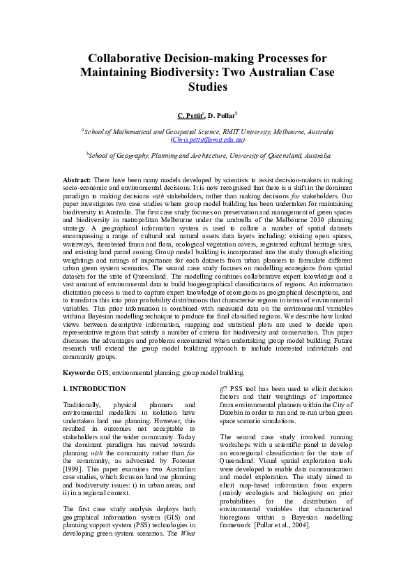 (PDF) Collaborative decision-making processes for maintaining biodiversity: Two Australian case ...