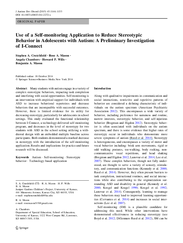 Pdf Use Of A Self Monitoring Application To Reduce Stereotypic Behavior In Adolescents With