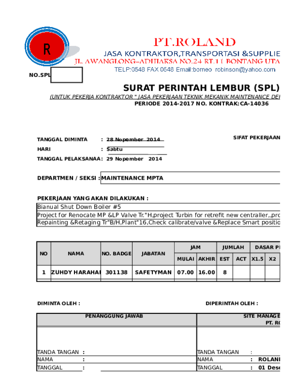 (XLS) Form SPL PT Roland CA 14036 Tool Room | Fauzan Fajar Iskandar ...