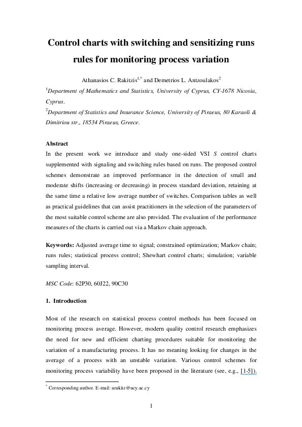 (PDF) Control charts with switching and sensitizing runs rules for monitoring process variation