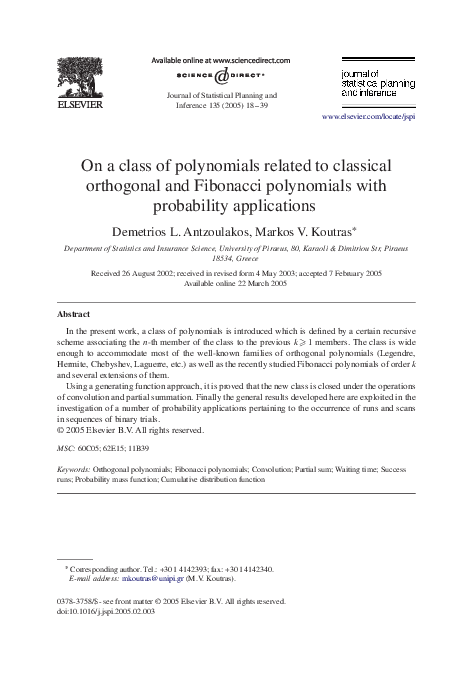 (PDF) On a class of polynomials related to classical orthogonal and Fibonacci polynomials with ...