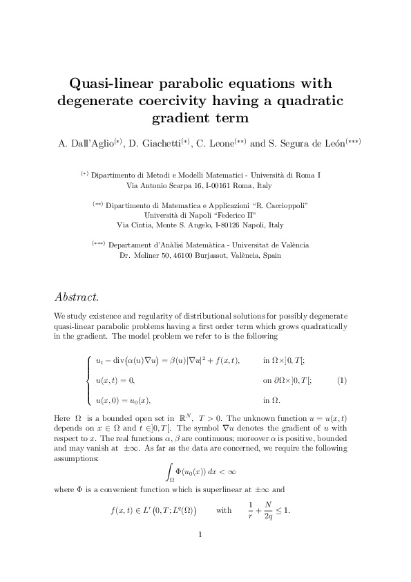 Pdf Quasi Linear Parabolic Equations With Degenerate Coercivity Having A Quadratic Gradient Term
