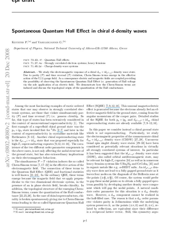 (PDF) Spontaneous Quantum Hall Effect in chiral d-density waves
