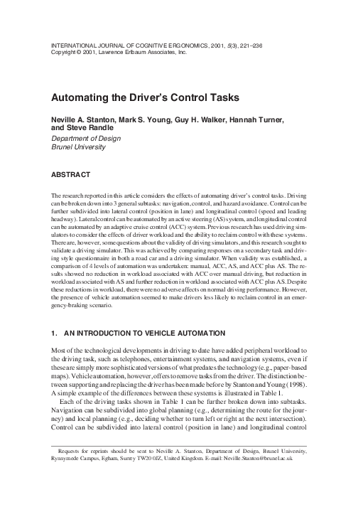 (PDF) Automating the Driver's Control Tasks
