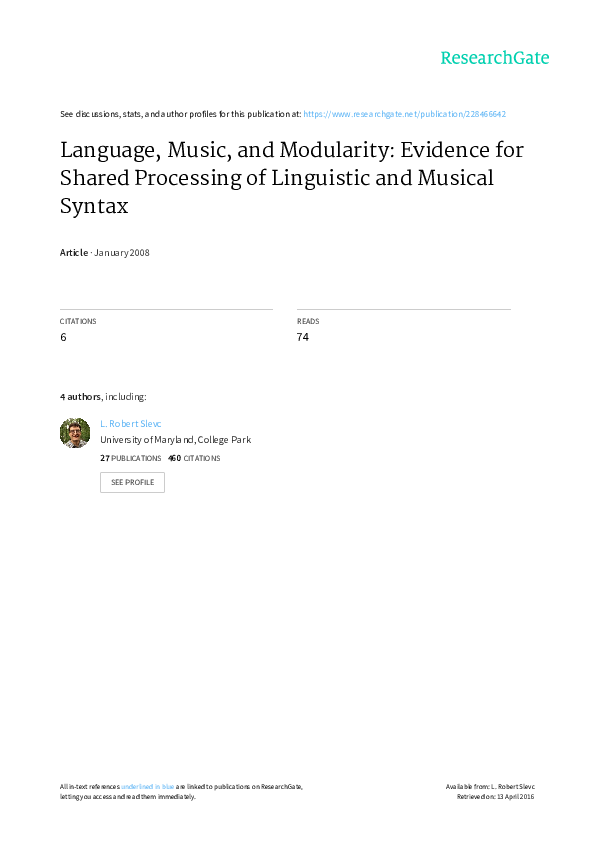 (PDF) Language, Music, and Modularity: Evidence for Shared Processing of Linguistic and Musical ...