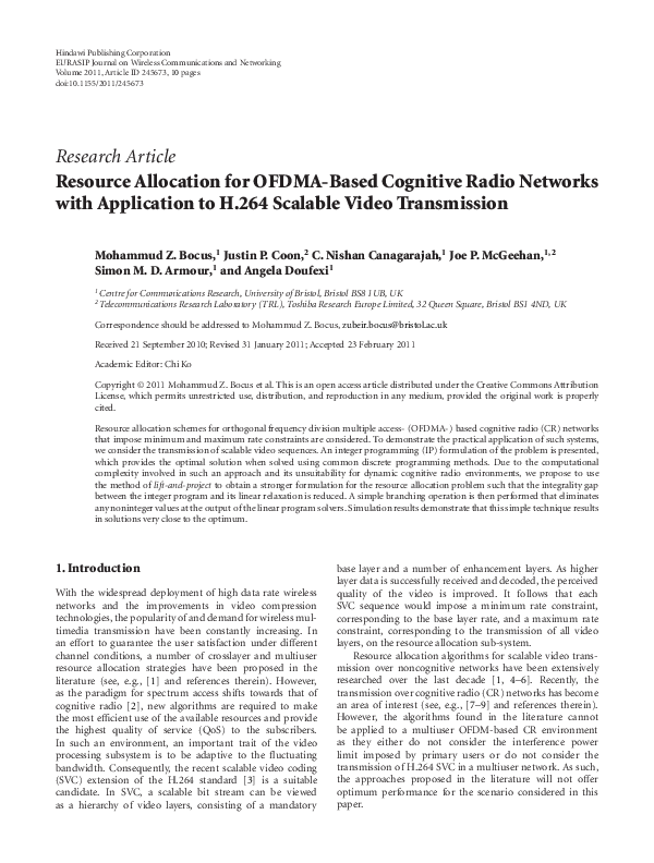 (PDF) Resource Allocation for OFDMA-Based Cognitive Radio Networks with Application to H.264 ...
