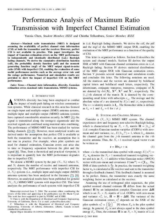 Pdf Performance Analysis Of Maximum Ratio Transmission With Imperfect