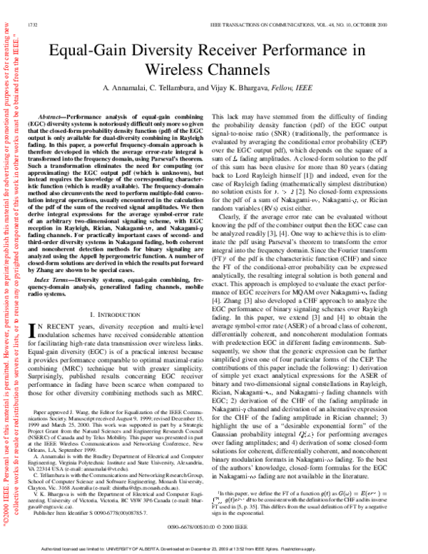(PDF) Equal-gain diversity receiver performance in wireless channels