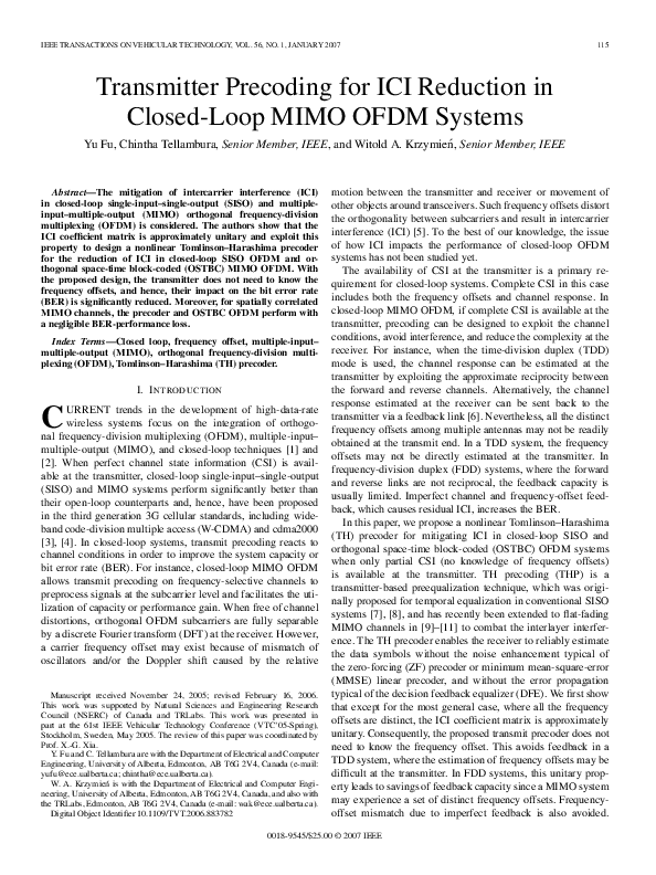 (PDF) Transmitter Precoding for ICI Reduction in Closed-Loop MIMO OFDM Systems