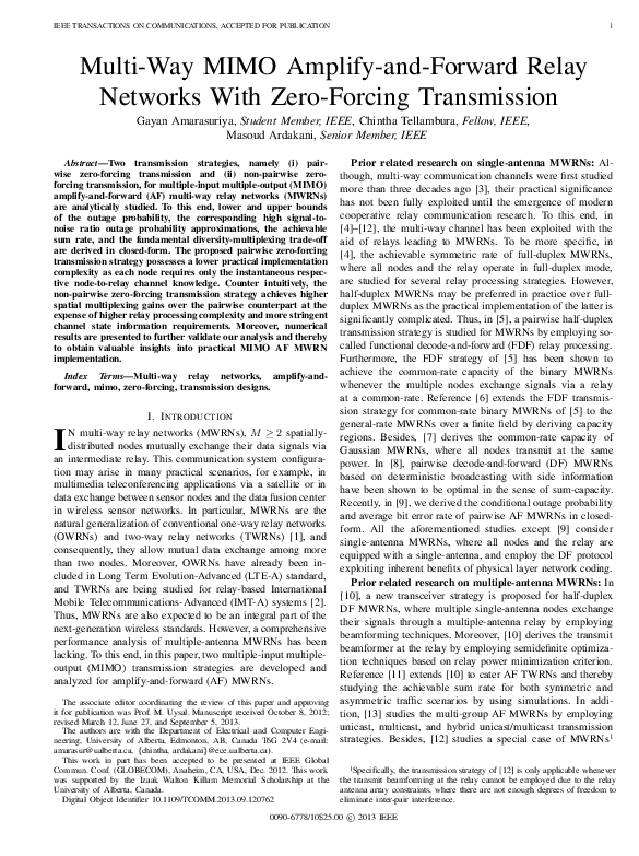Pdf Sum Rate Analysis Of Two Way Mimo Af Relay Networks With Zero Forcing
