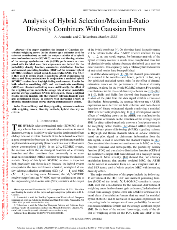 Pdf Analysis Of Hybrid Selection Maximal Ratio Diversity Combiners
