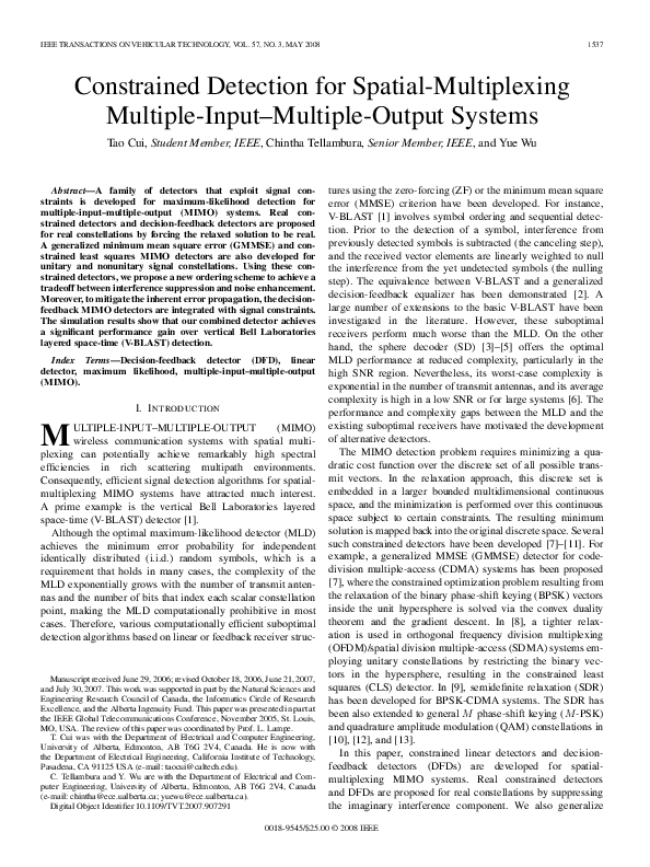 Pdf Constrained Detection For Spatial Multiplexing Multiple Input