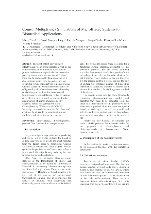 (PDF) Comsol Multiphysics Simulations of Microfluidic Systems for Biomedical Applications