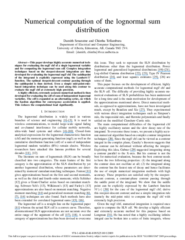 (PDF) Numerical Computation of the Lognormal Sum Distribution