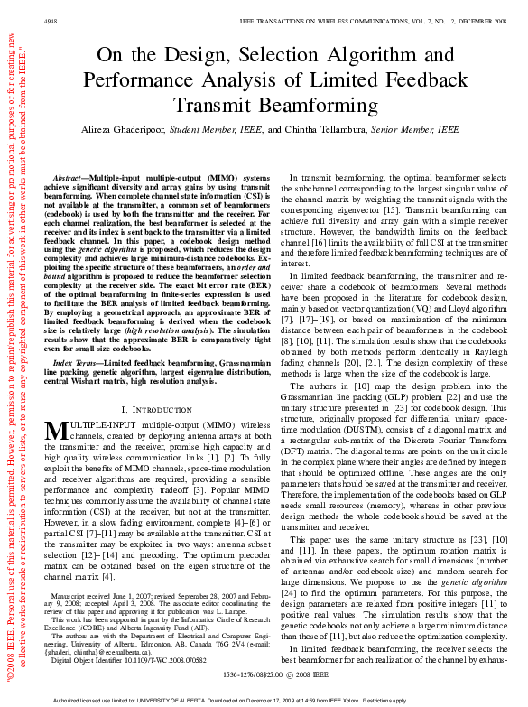 Pdf On The Design Selection Algorithm And Performance Analysis Of Limited Feedback Transmit