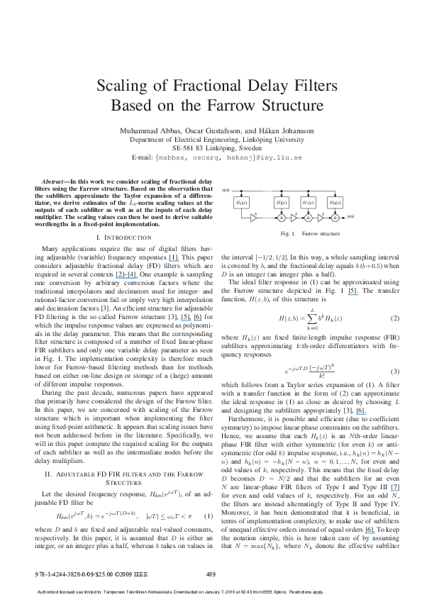 (PDF) Scaling of fractional delay filters based on the Farrow structure