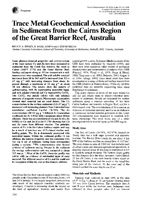 (PDF) Trace metal geochemical association in sediments from the Cairns region of the Great ...